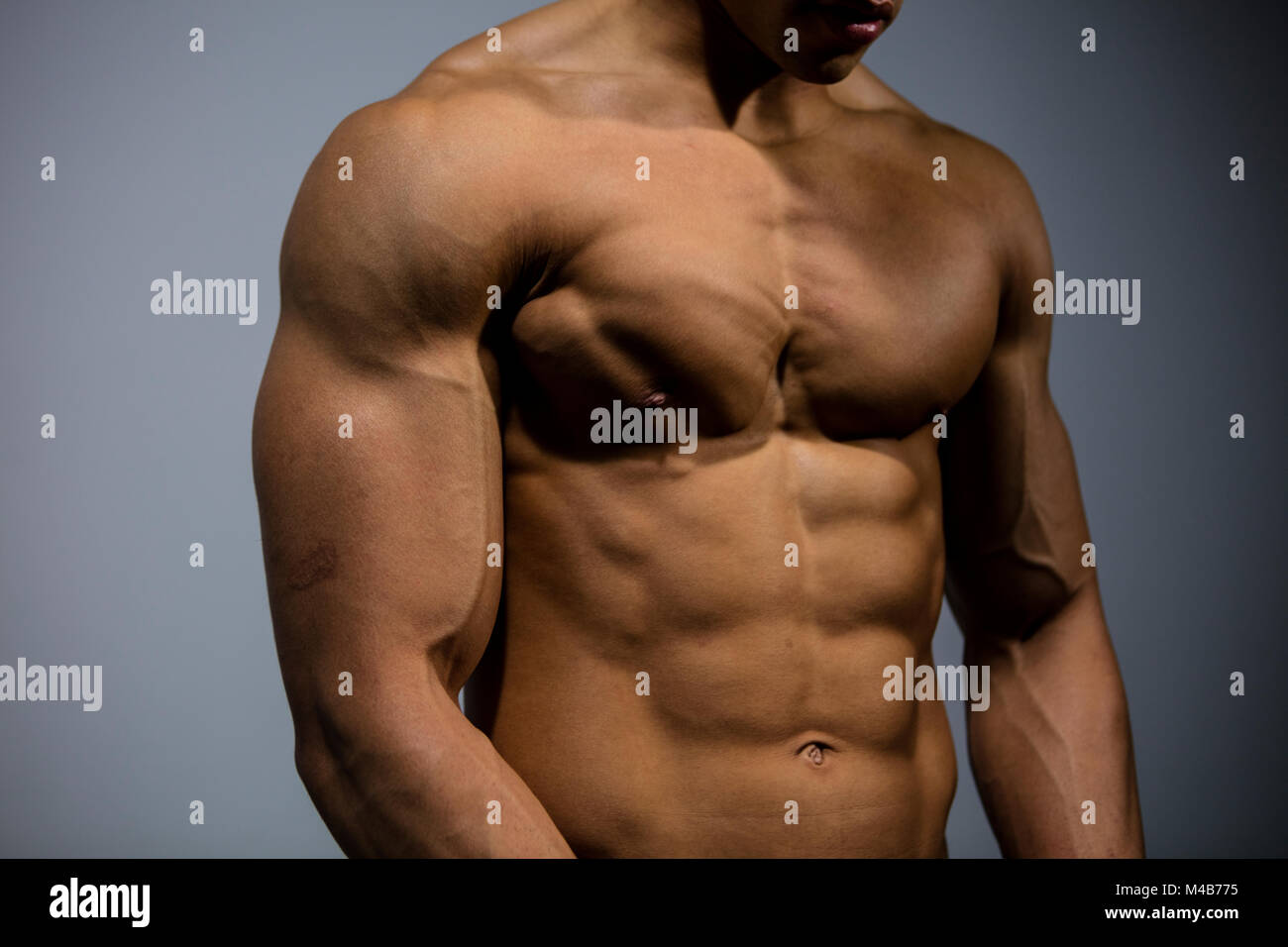 A fitness model torso with the chest muscles tightly flexed. Close up ...