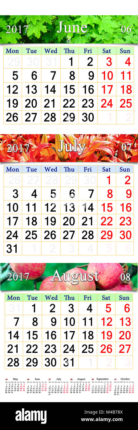 Calendar for June July and August 2017 with colored pictures Stock ...