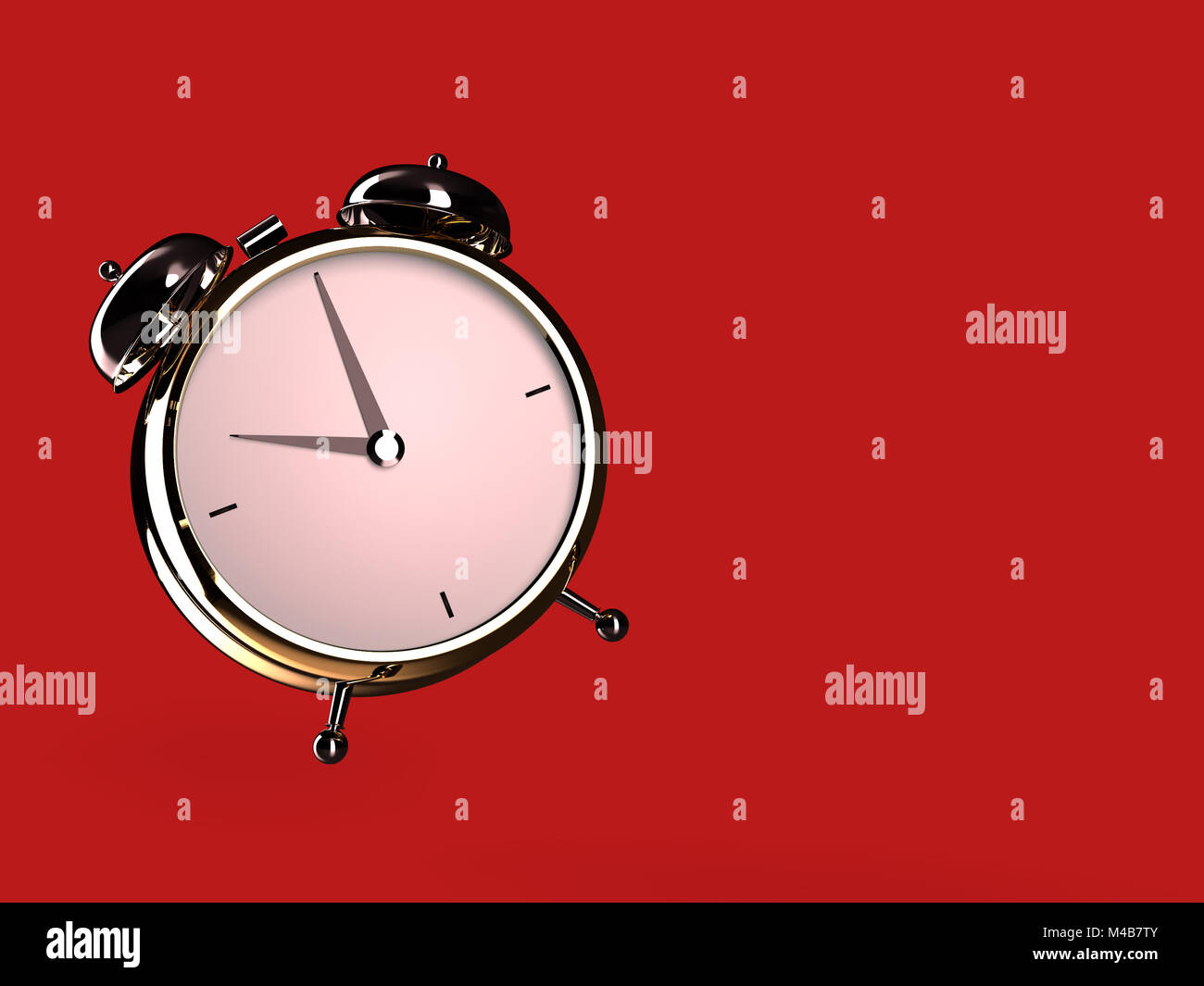 Closeup view of golden alarm clock on red background. 10 O'Clock, am or ...