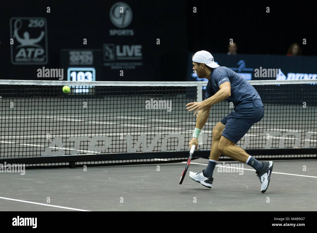 Uniondale, NY - February 14, 2018: Radu Albot of Moldova returns ball ...