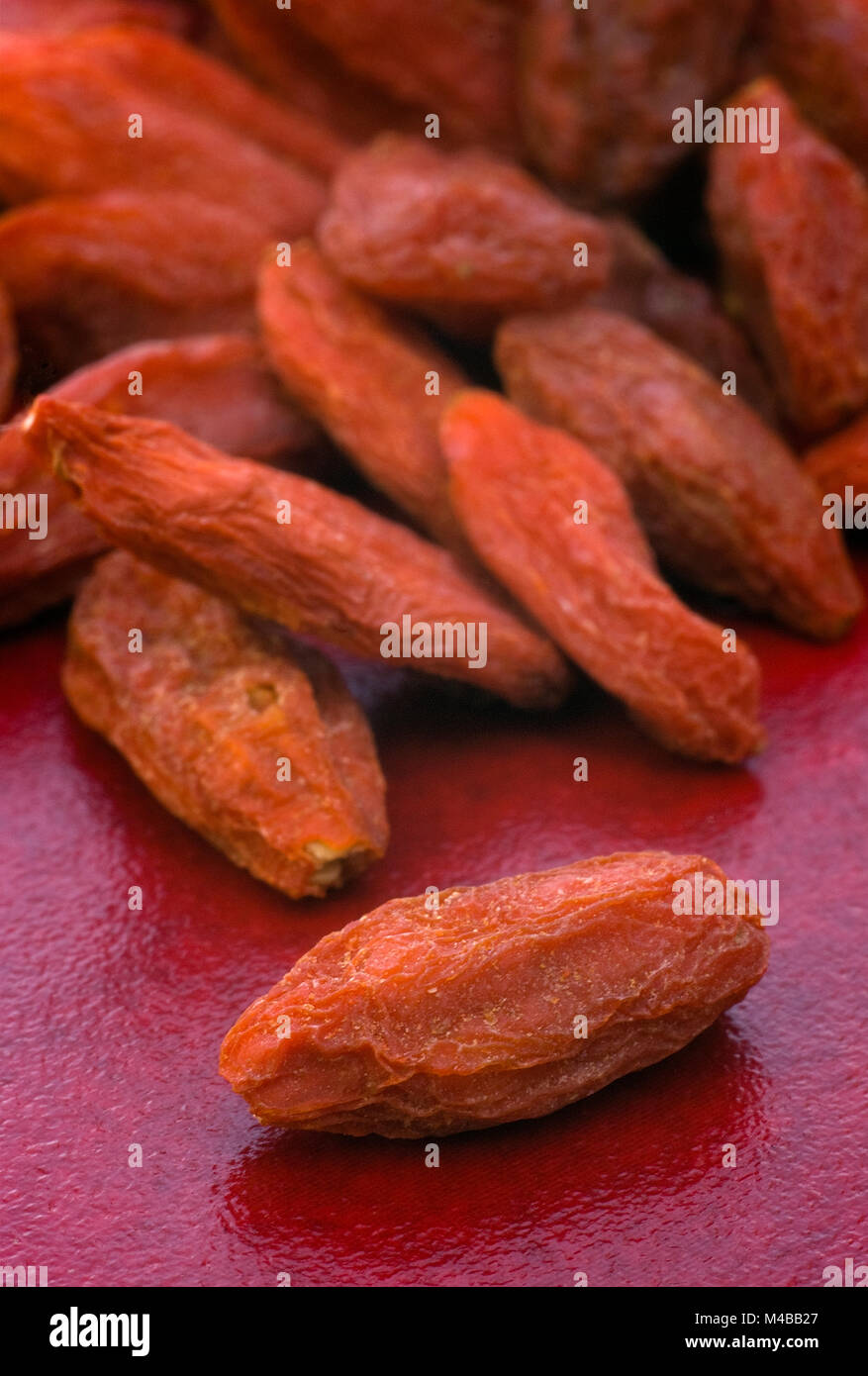 dry red goji berries (Lycium barbarum) on red background Stock Photo ...