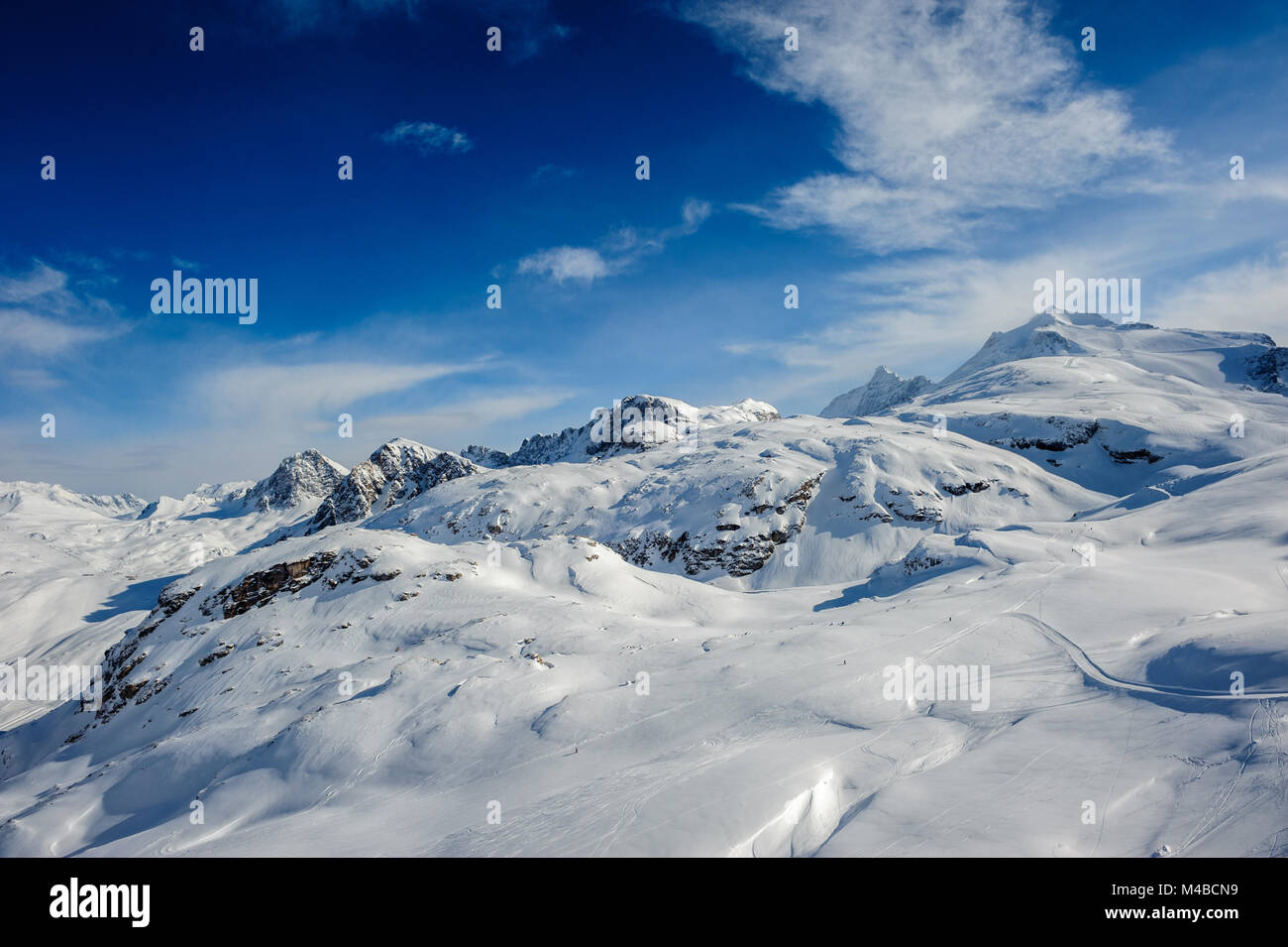 Alpine winter mountain landscape. French Alps with snow Stock Photo - Alamy
