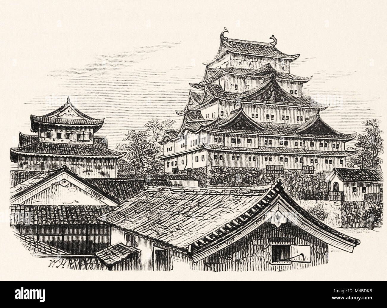 Japan : Tower of Nagoya Castle - British engraving XIX th century Stock ...