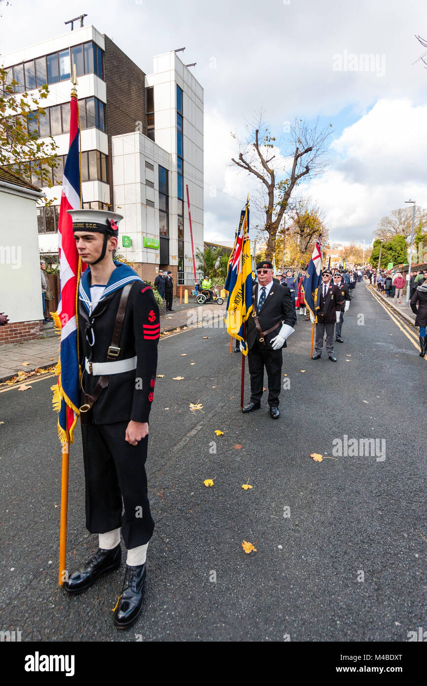 England, Ramsgate. Remembrance sunday. Navy Sea Cadet standard bearer ...