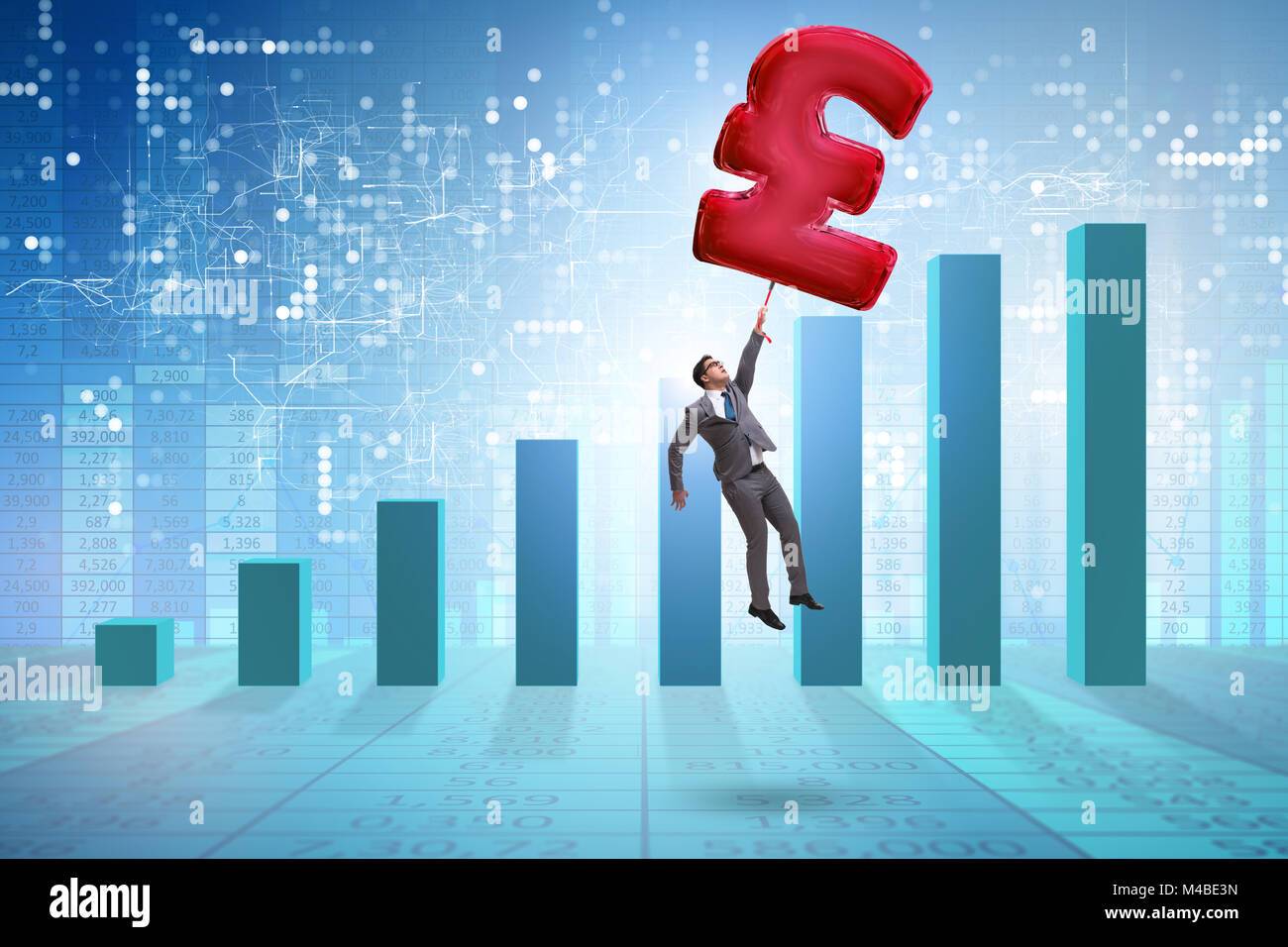 Businessman flying on british pound sign inflatable balloon Stock Photo ...