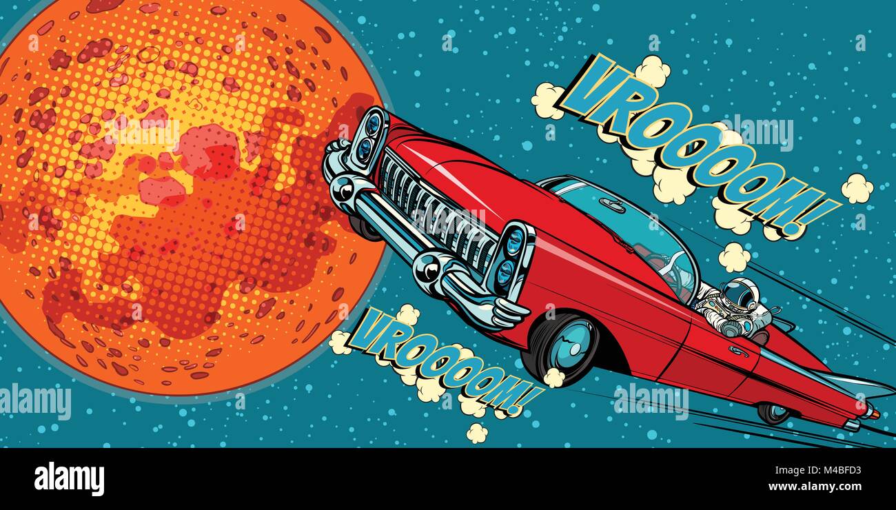 The astronaut driver in car on Mars. Pop art retro vector illustration ...
