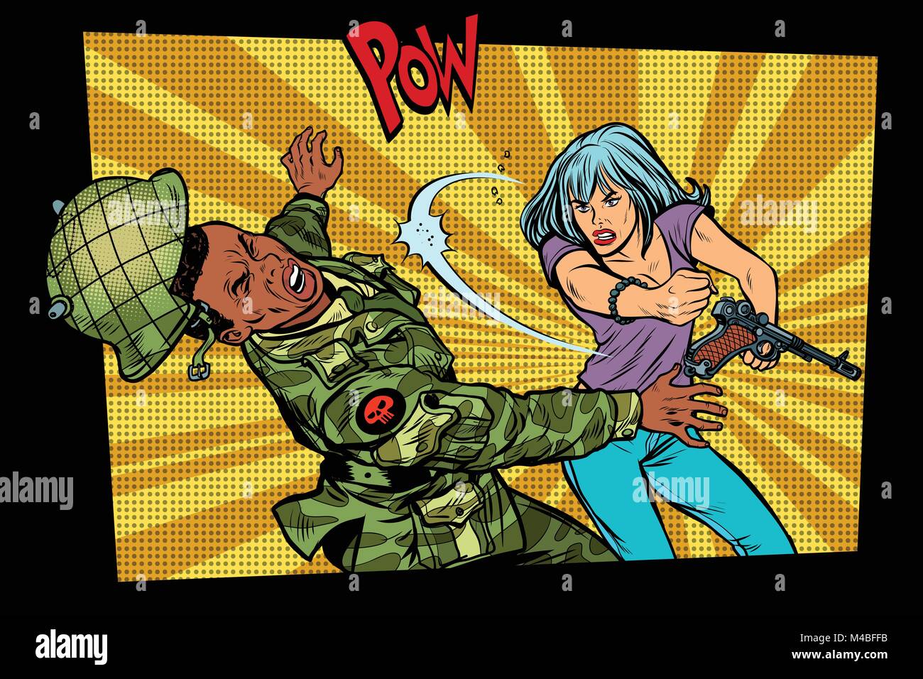 woman vs man. Civil beats invader military soldier. Struggle for peace ...