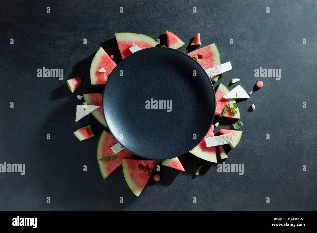 slices of watermelon placed in a circle on black plate Stock Photo - Alamy