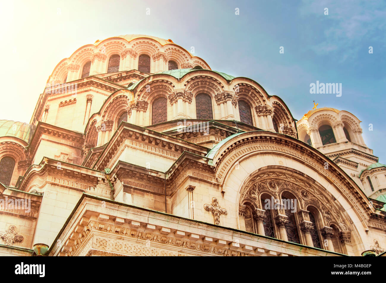 Part of Alexander Nevsky Cathedral in Sofia with burning sun, the ...