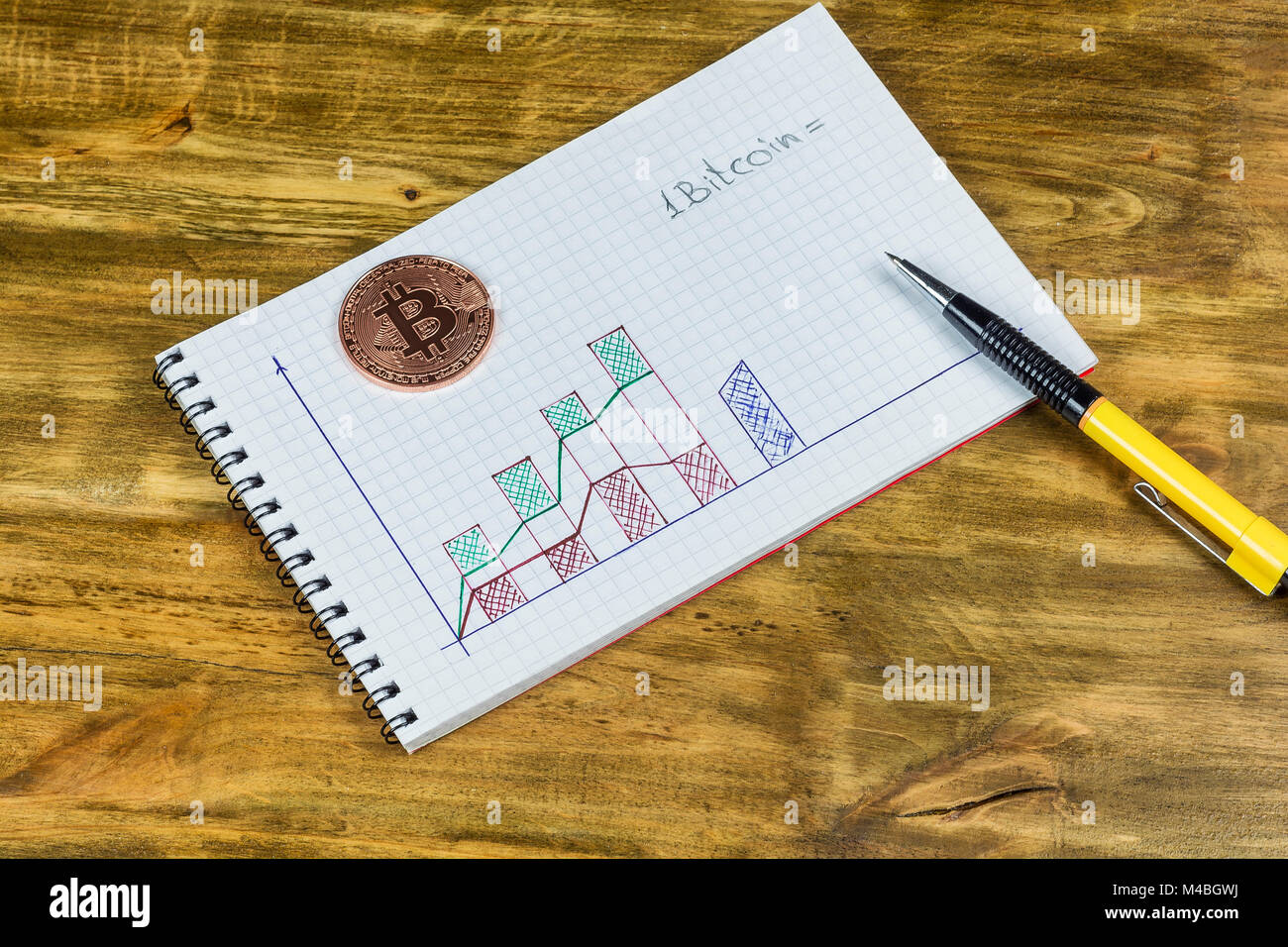 On the Notepad with the chart is a pen and platinum coins Bitcoin Stock ...