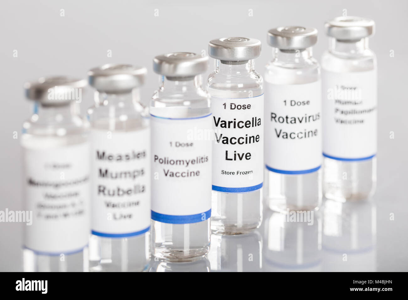Syringe And Vaccine Bottles With Different Labels In A Row Stock Photo ...