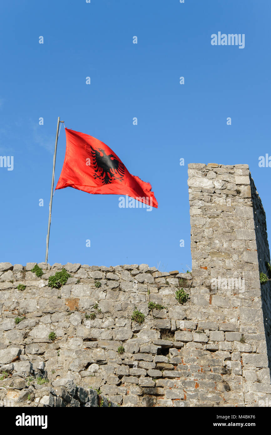 Albanian flag on the ancient fortress Rozafa, Shkoder, Albania, space ...