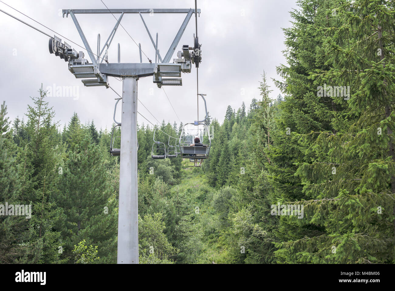 Lift in the mountain. Fir forest. Summer time Stock Photo - Alamy