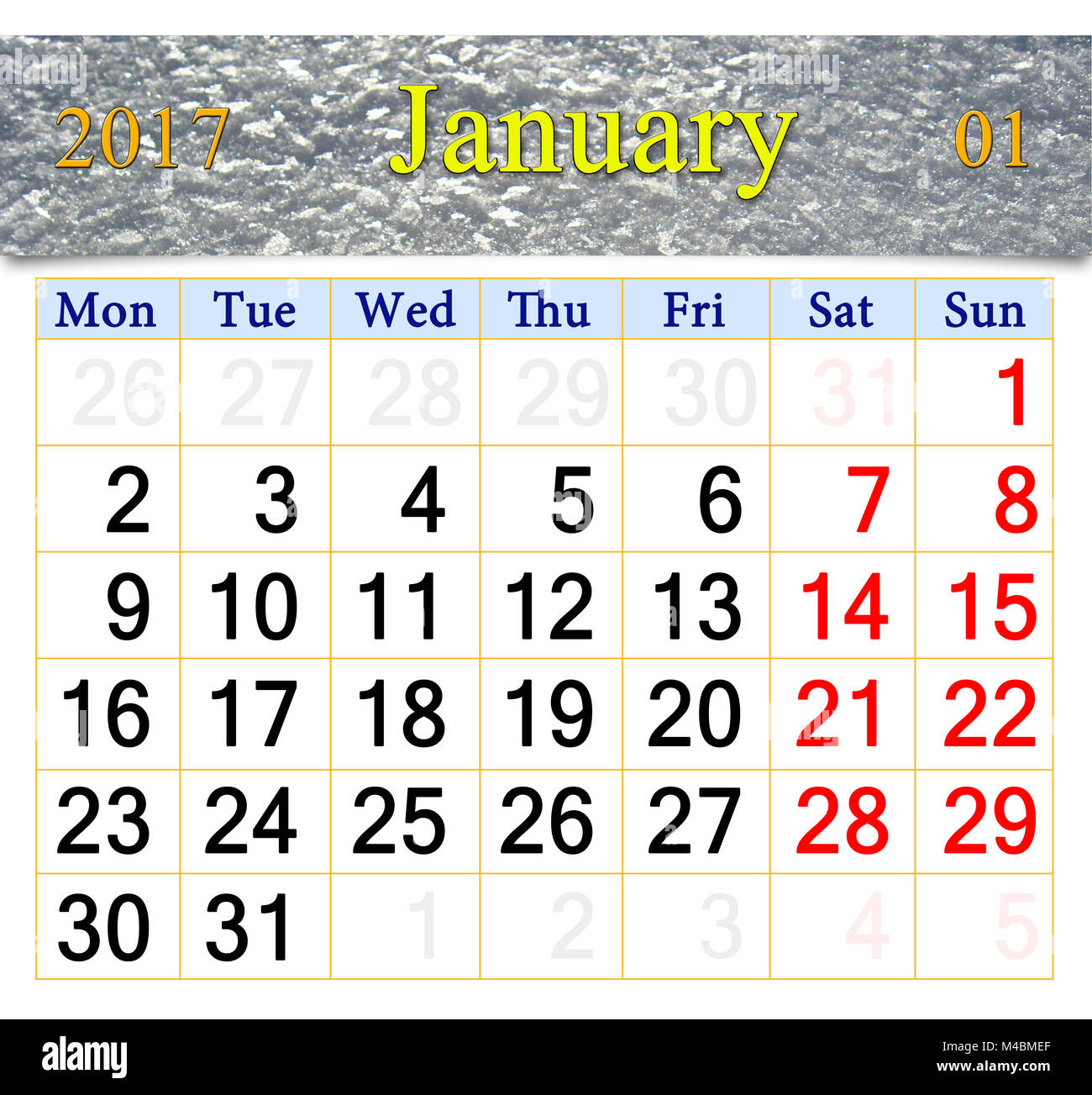 calendar for January 2017 with image of snow Stock Photo - Alamy