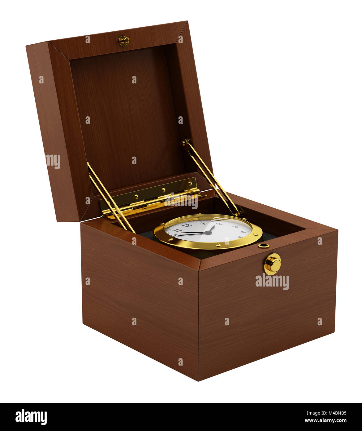 golden clock in wooden box isolated on white background Stock Photo - Alamy