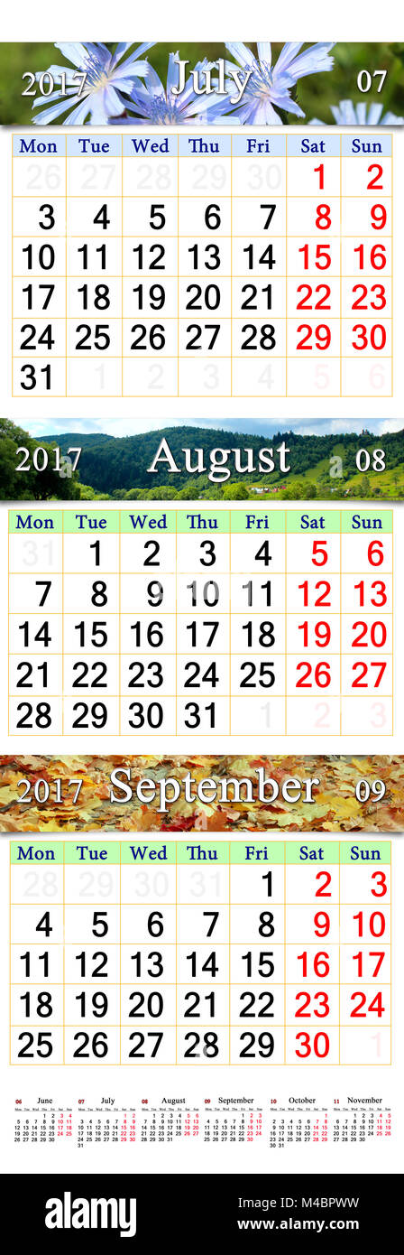 Calendar for July August September 2017 with three colored images Stock ...