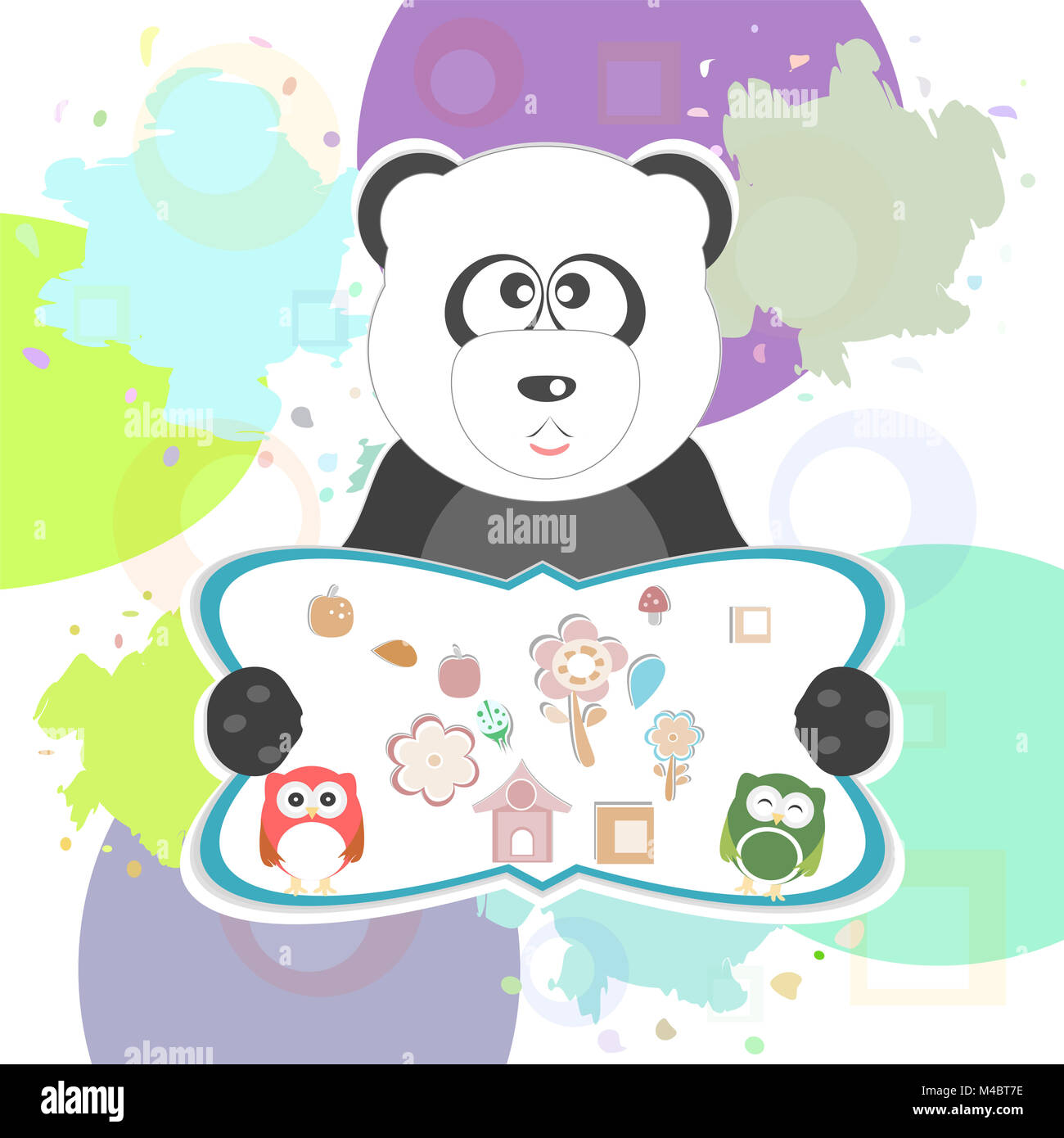birthday party elements with cute owls and panda Stock Photo - Alamy