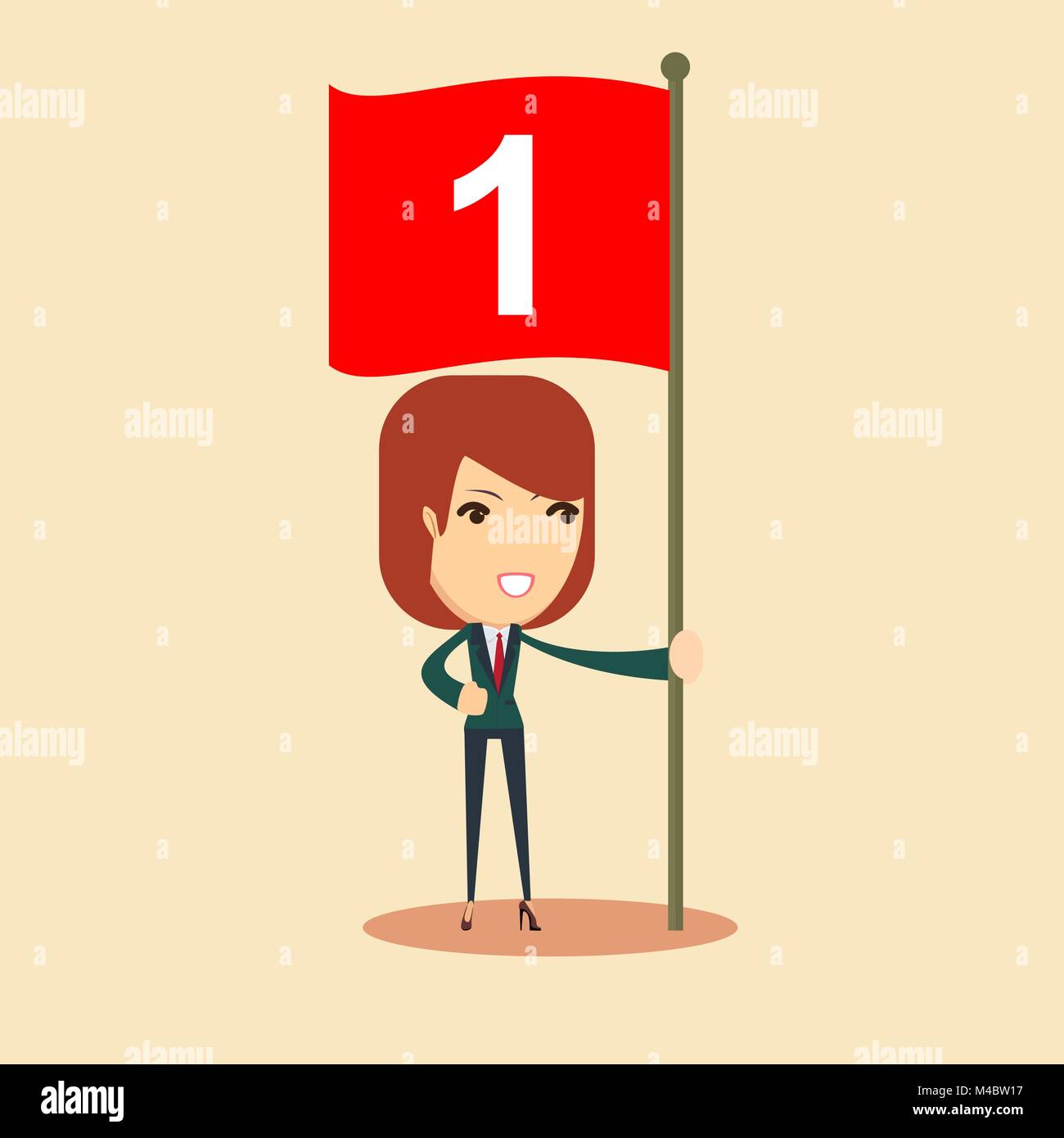 Happy businesswoman with number one flag. vector illustration Stock ...