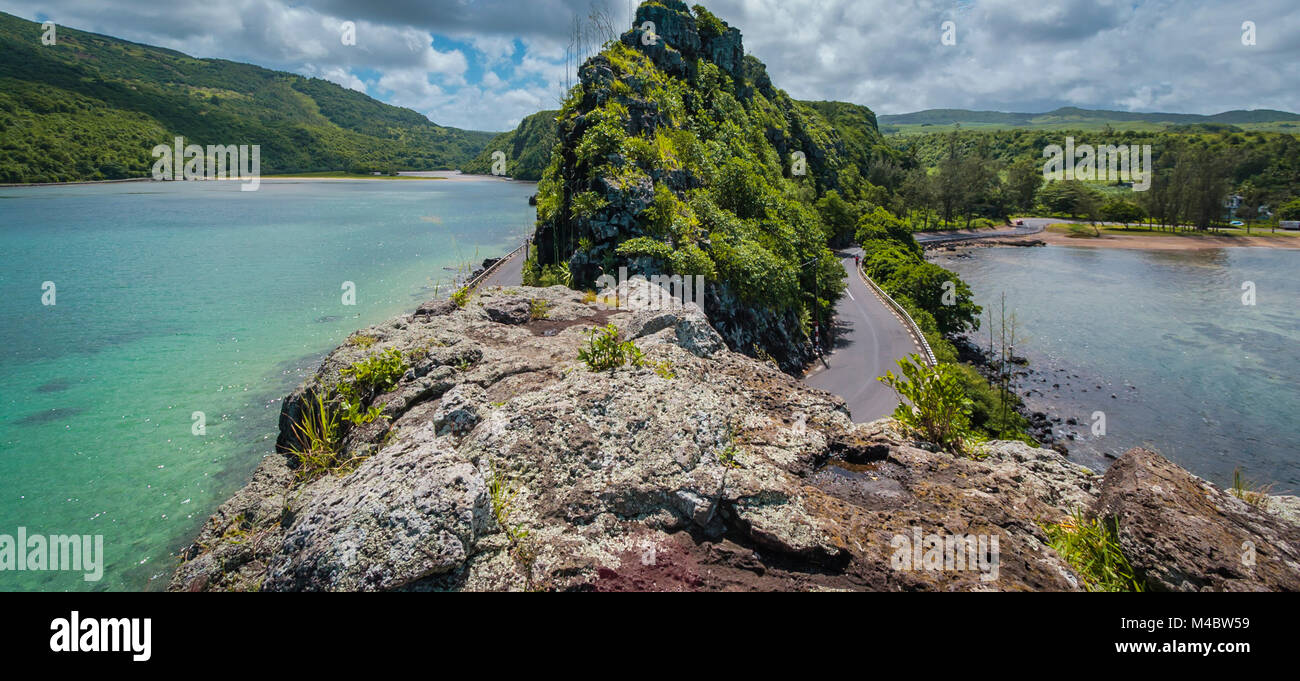 Panoramic view of the land between the bays from the hill at Maconde ...