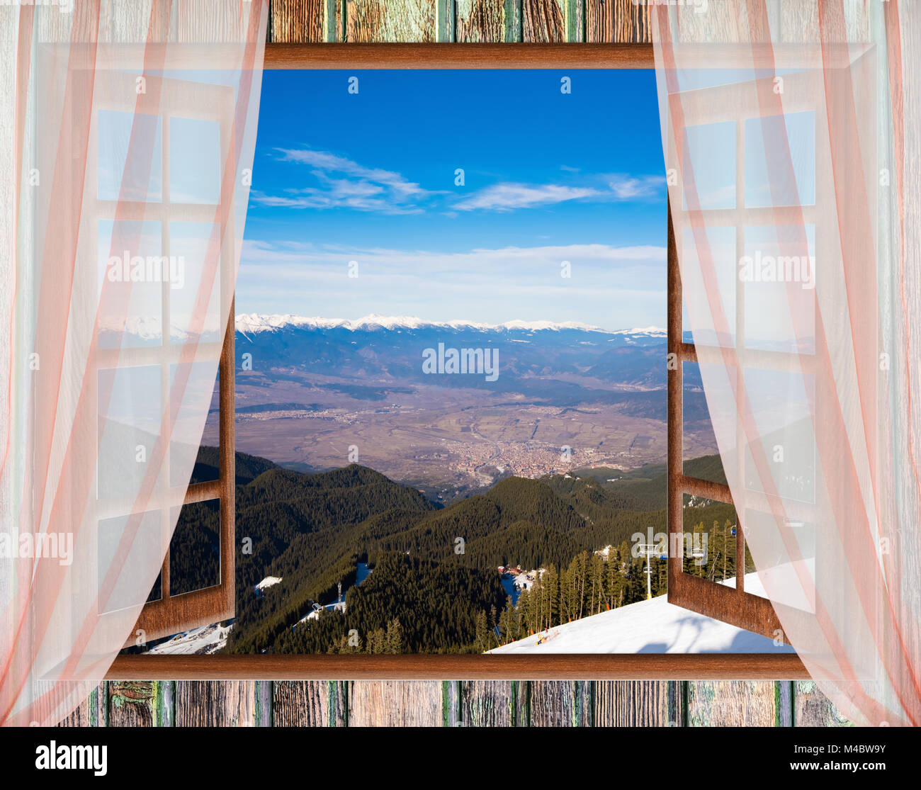 white windows with views of the peaks of snowy mountains Stock Photo ...