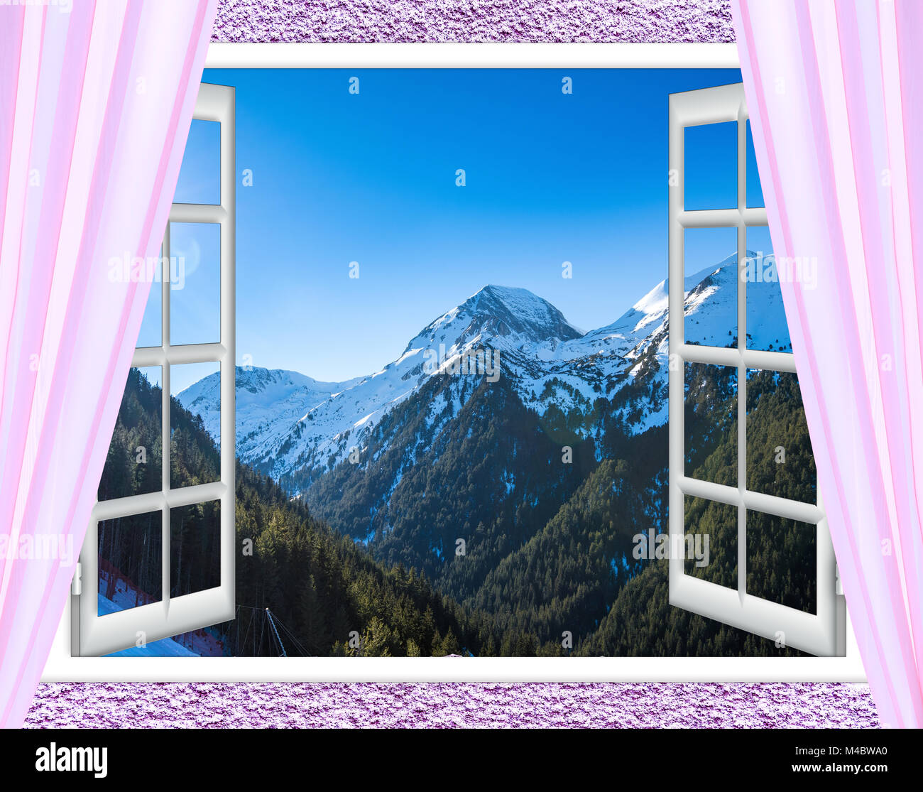 white windows with views of the peaks of snowy mountains Stock Photo ...