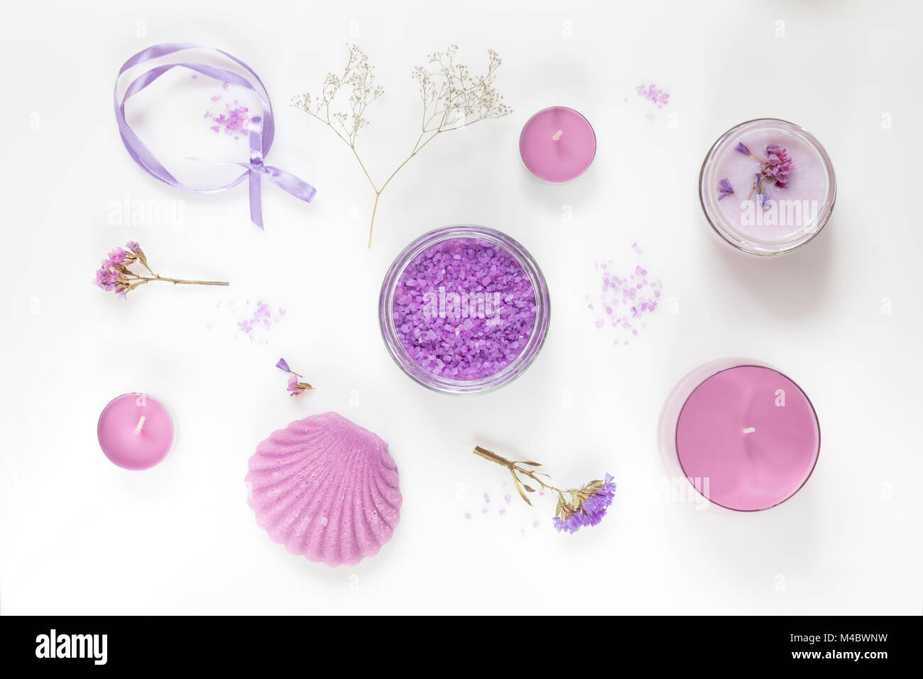 Spa products. Flat lay violet purple concept Stock Photo - Alamy