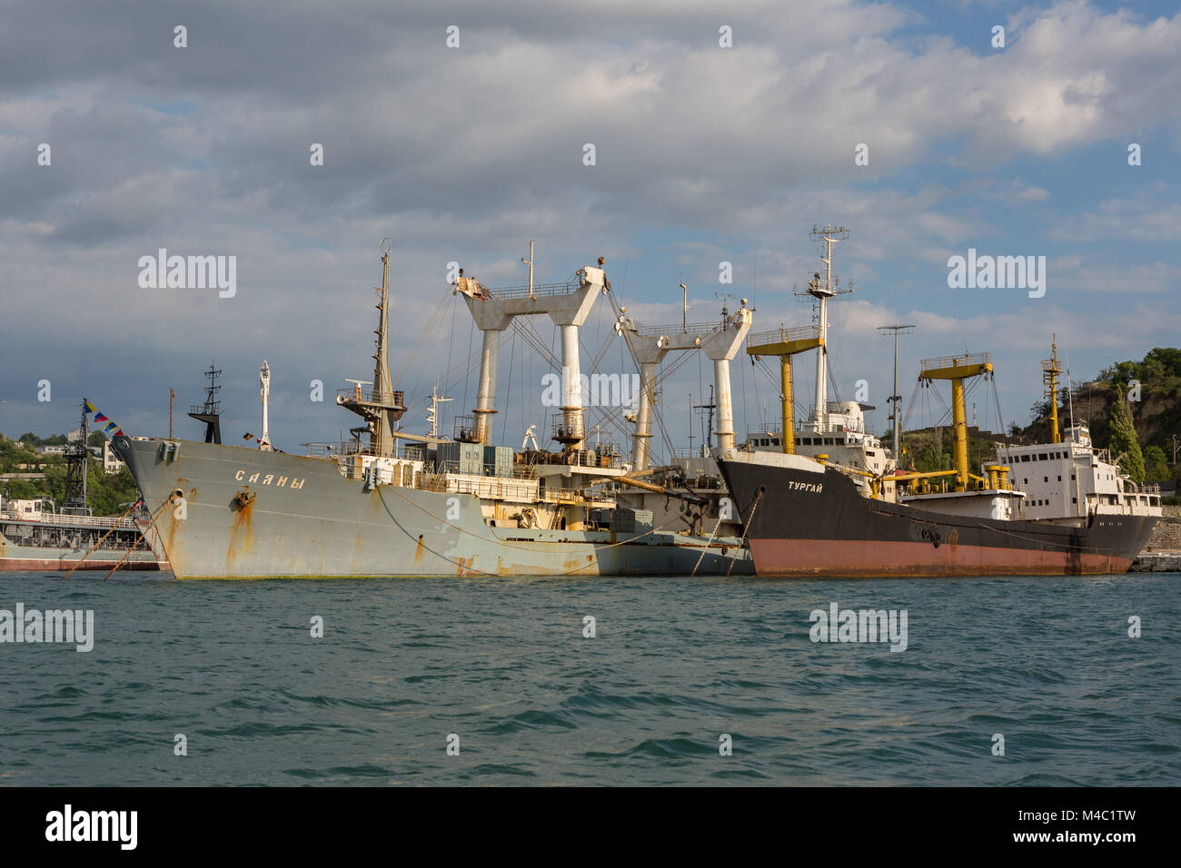 Search-and-rescue vessel Sayany and military transport Turgai Stock ...