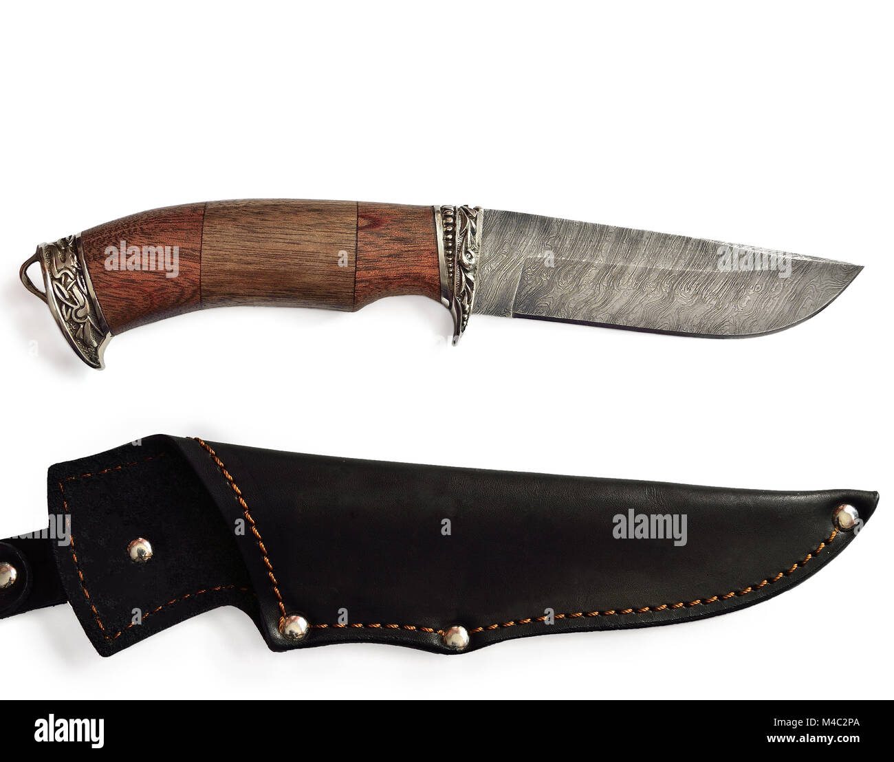 Hunting knife with wooden handle and black leather sheath Stock Photo ...