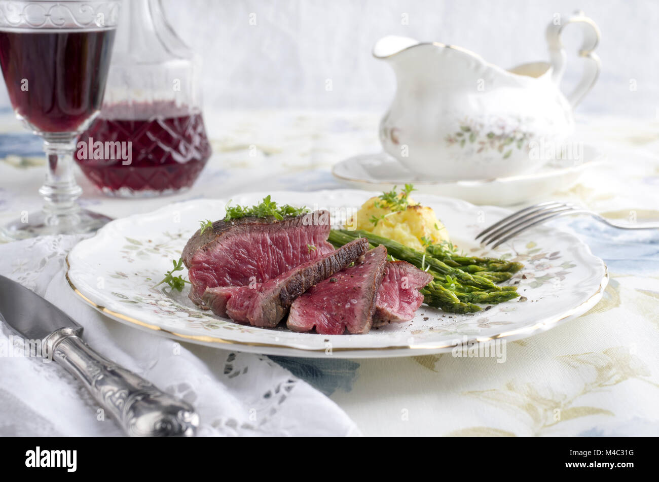 Point Steak with Green Asparagus and Mashed Potatoes Stock Photo - Alamy