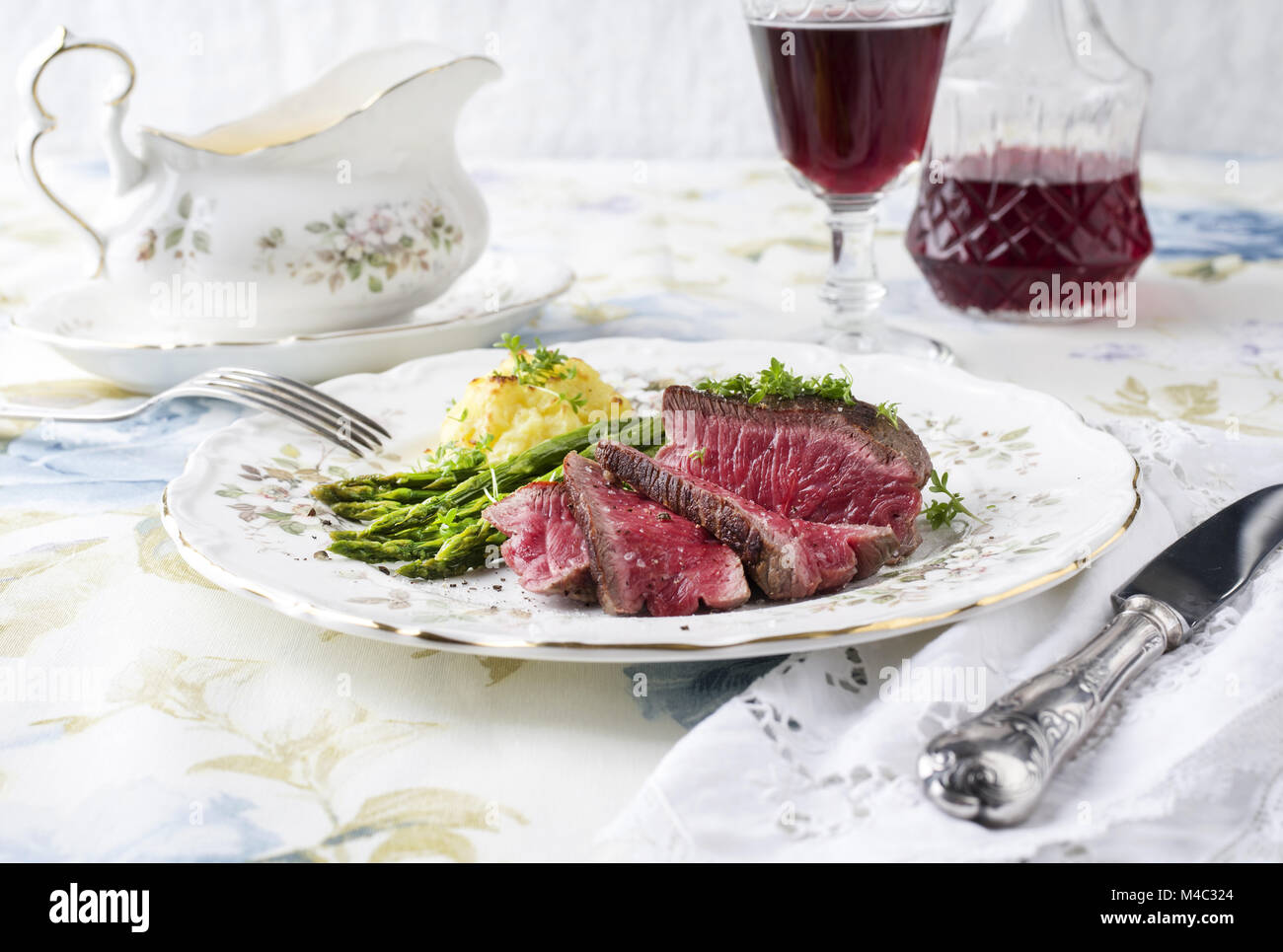 Point Steak with Green Asparagus and Mashed Potatoes Stock Photo - Alamy