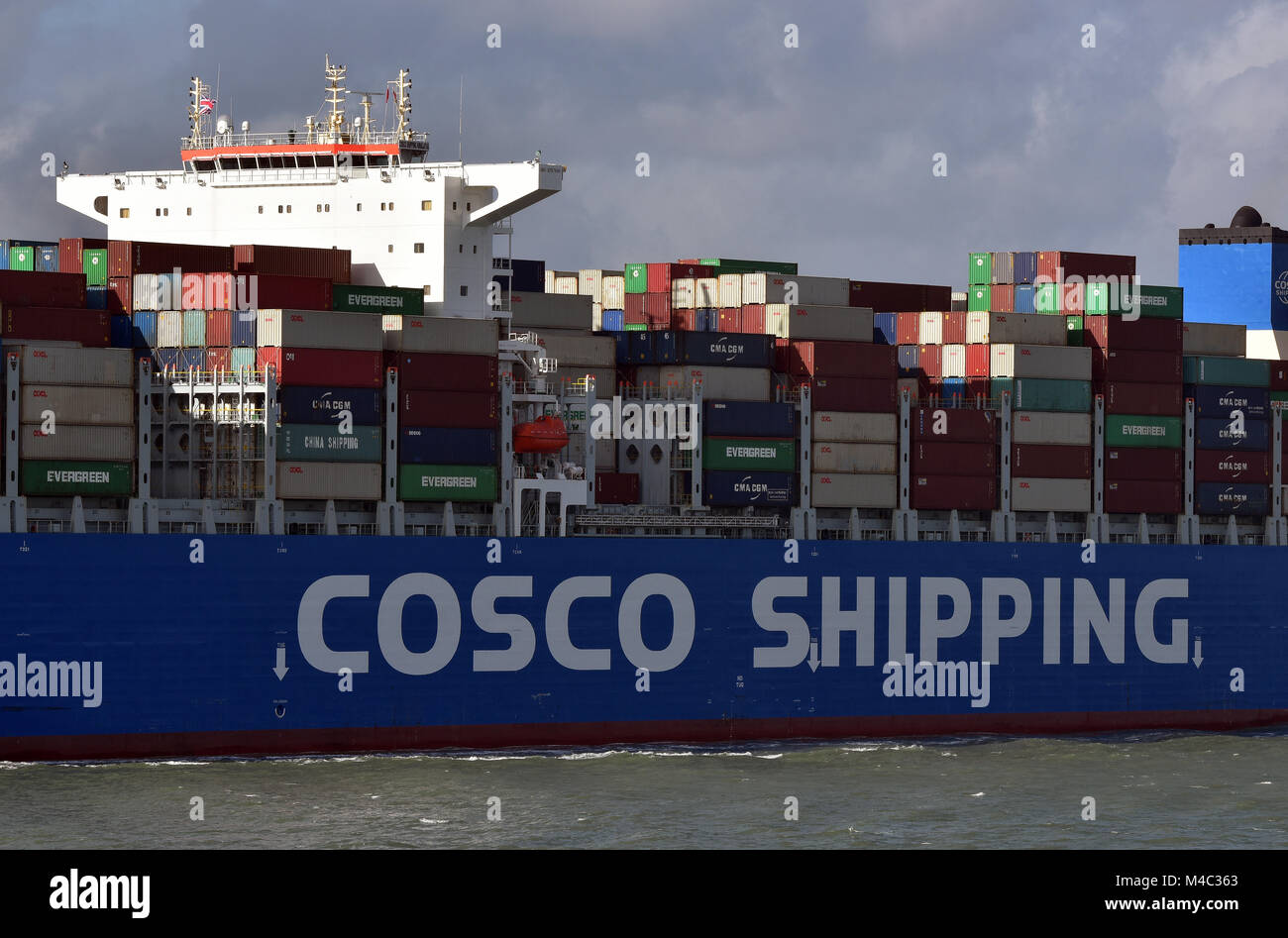 cosco shipping himalayas giant huge massive container ship leaving or ...