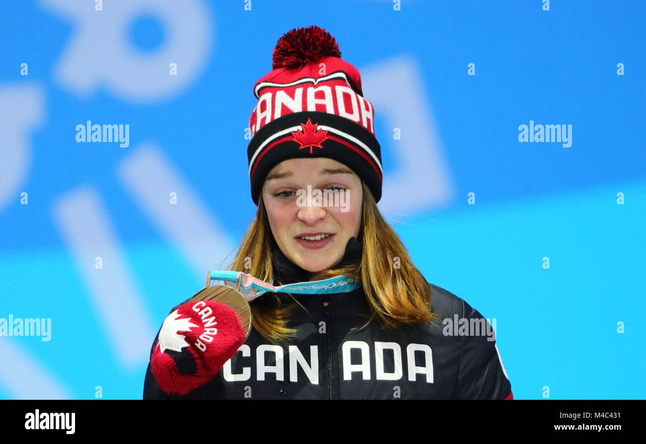 Gangneung, South Korea. 14th Feb, 2018. Canada's Kim Boutin holds up ...