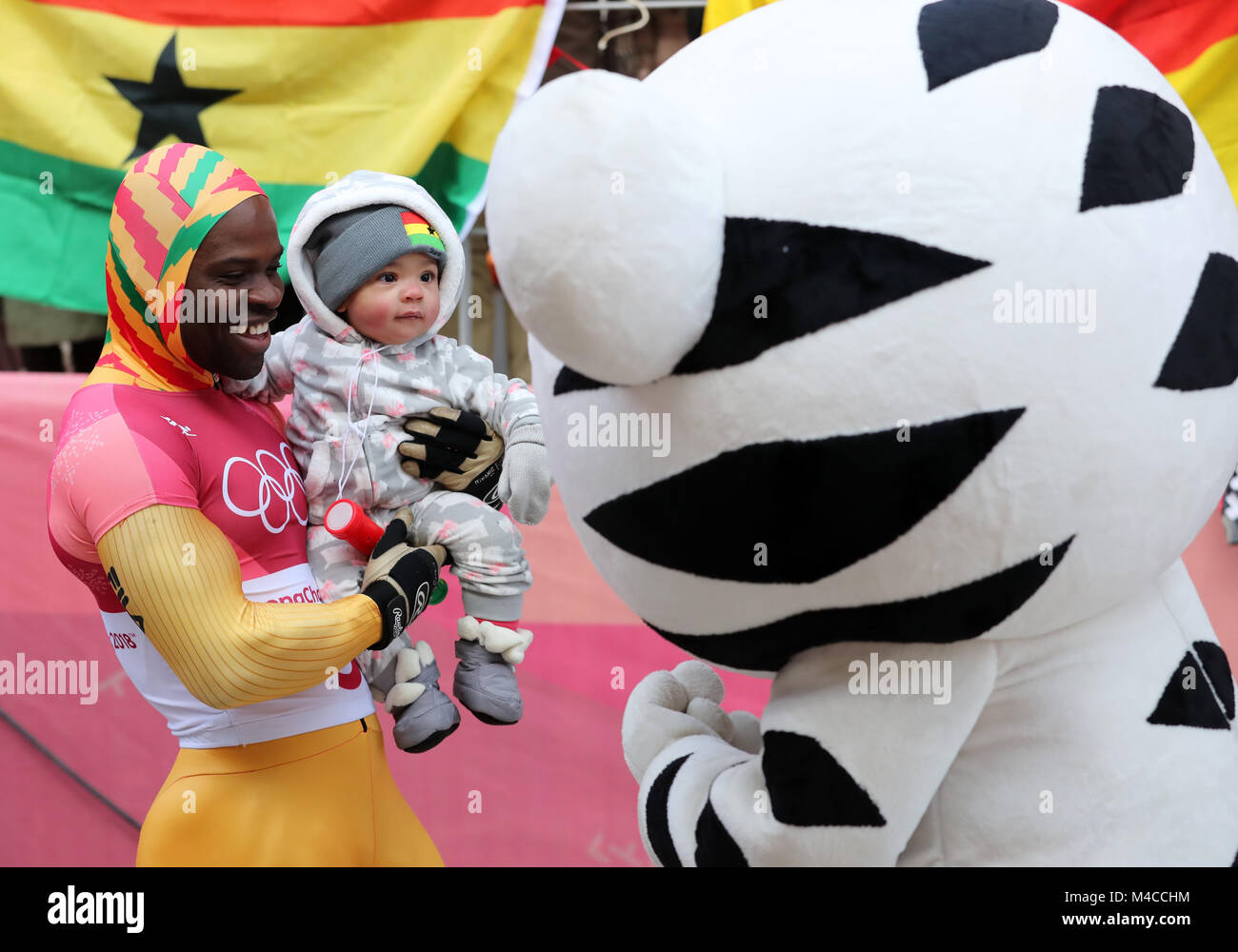 16th Feb, 2018. Curiosity Ghana's skeleton slider Akwasi Frimpong holds ...