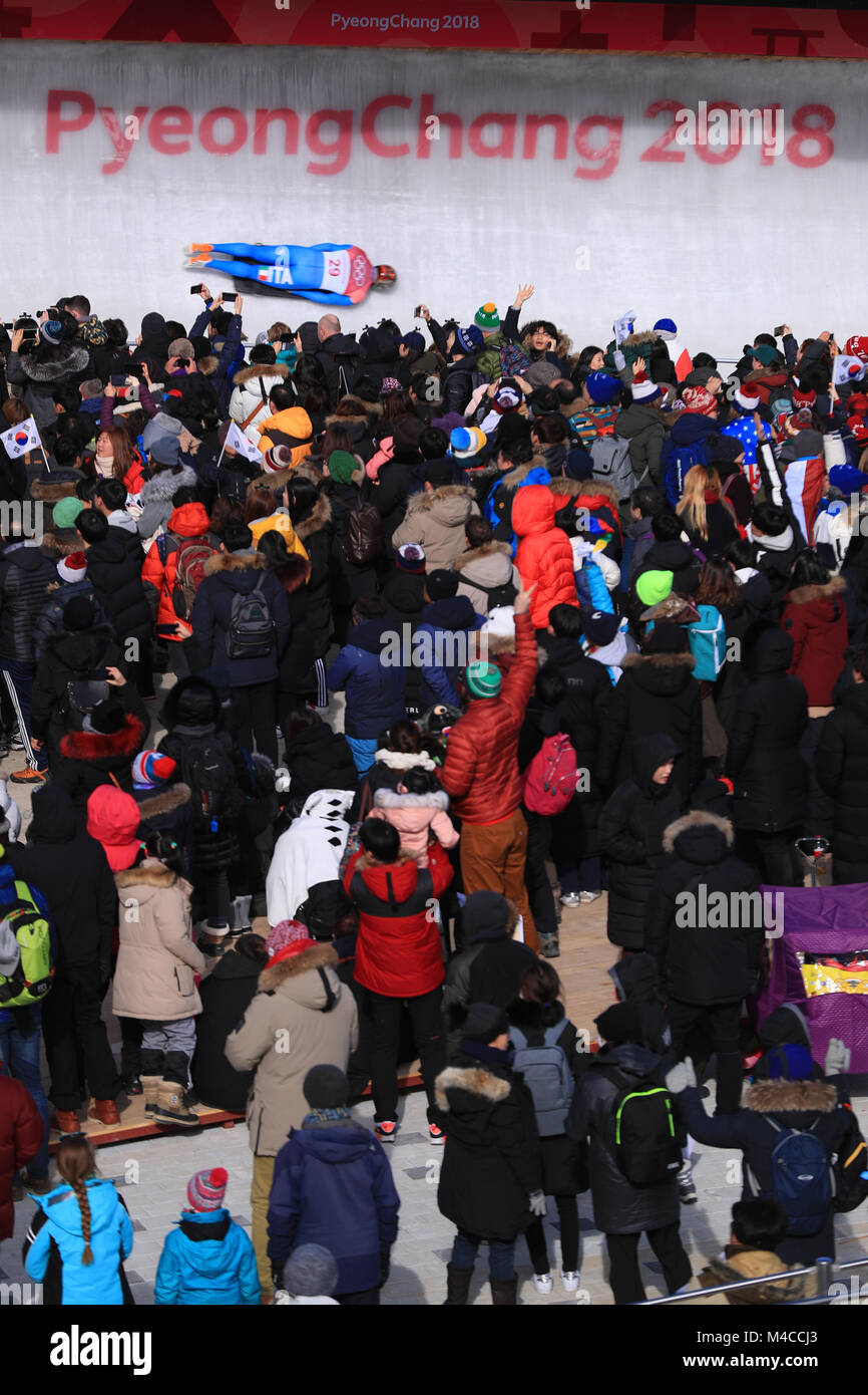 16th Feb, 2018. Spectators for skeleton Olympic Sliding Centre, the ...