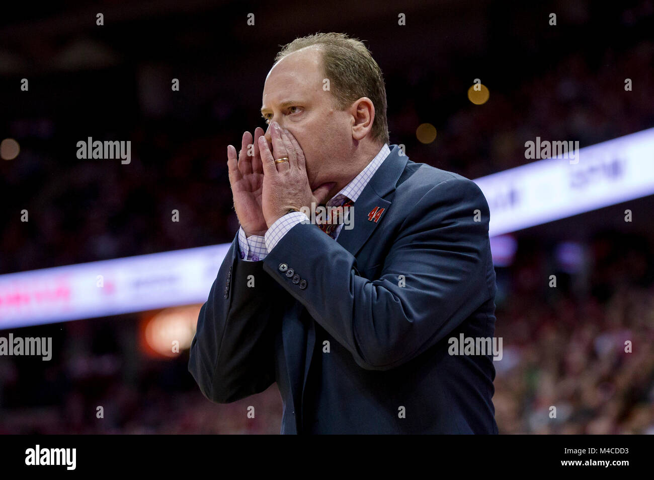 Madison, WI, USA. 15th Feb, 2018. Wisconsin head coach Greg Gard shouts ...