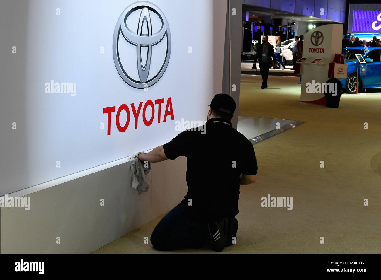 Toronto, Canada. February 15, 2018. A worker cleaning the Toyota ...