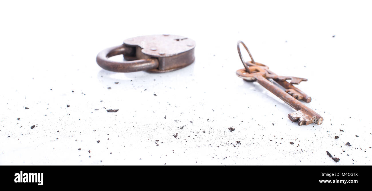 Old padlock with keys on white background, rusty, retro objects ...