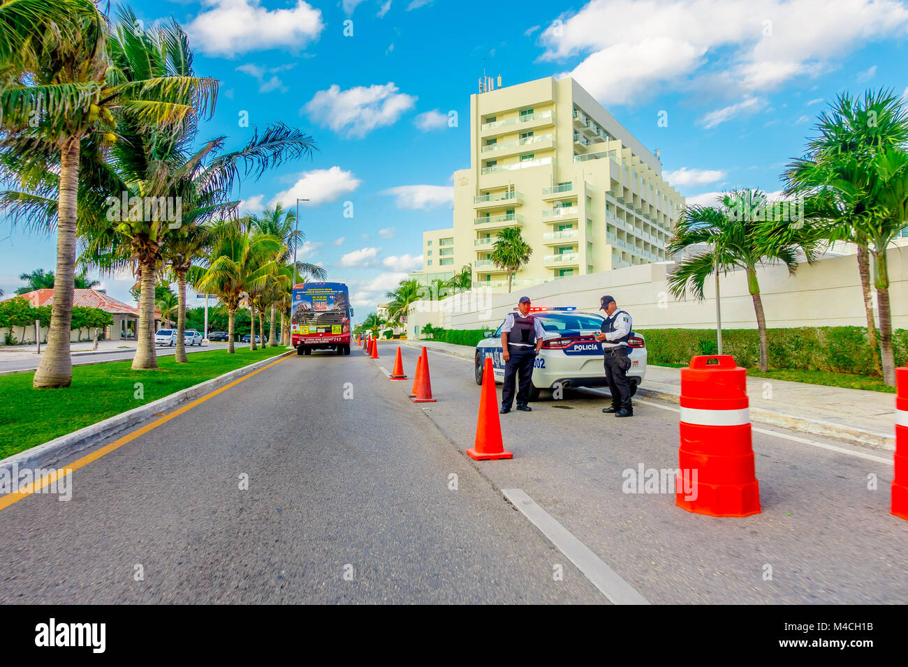 CANCUN, MEXICO - JANUARY 10, 2018: Outdoor view of a car of police with ...