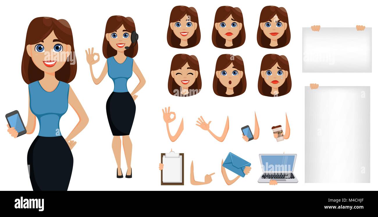 Business woman cartoon character creation set. Cute brunette ...