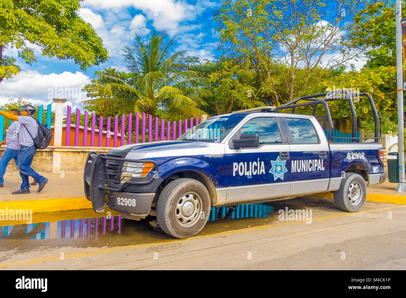 Playa del Carmen, Mexico - January 10, 2018: View of a blue police van ...