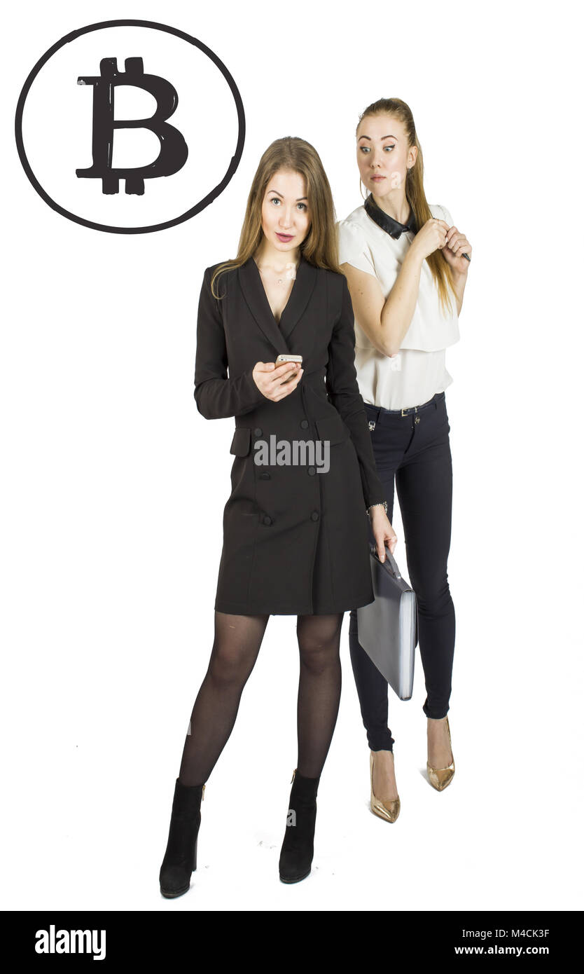 Beautiful women standing over white background with bitcoin sketches ...