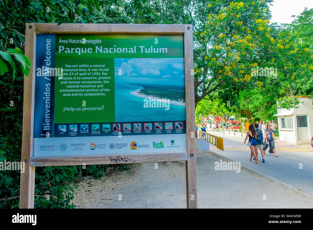 TULUM, MEXICO - JANUARY 10, 2018: Informative sign of welcome to the ...