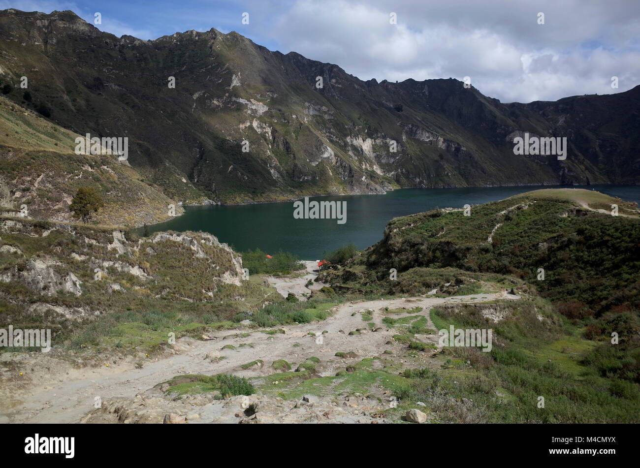 A view of Quilotoa Lake, an ancient volcano and starting point for the ...