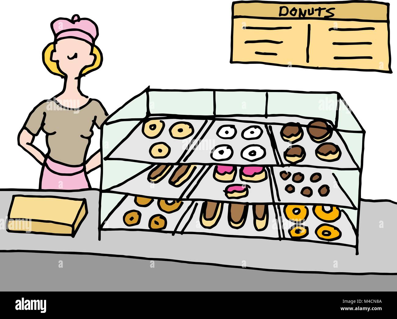 An image of a woman working at a doughnut shop counter Stock Vector ...