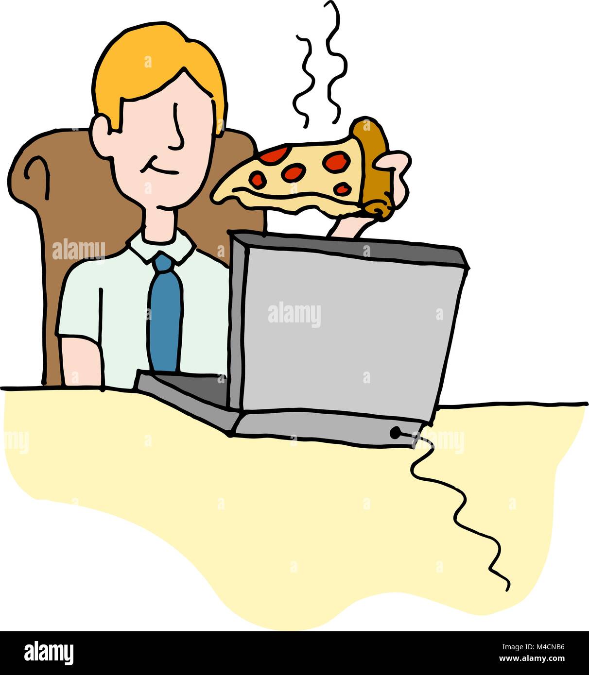 An image of a Man eating pizza slice while working Stock Vector Image ...