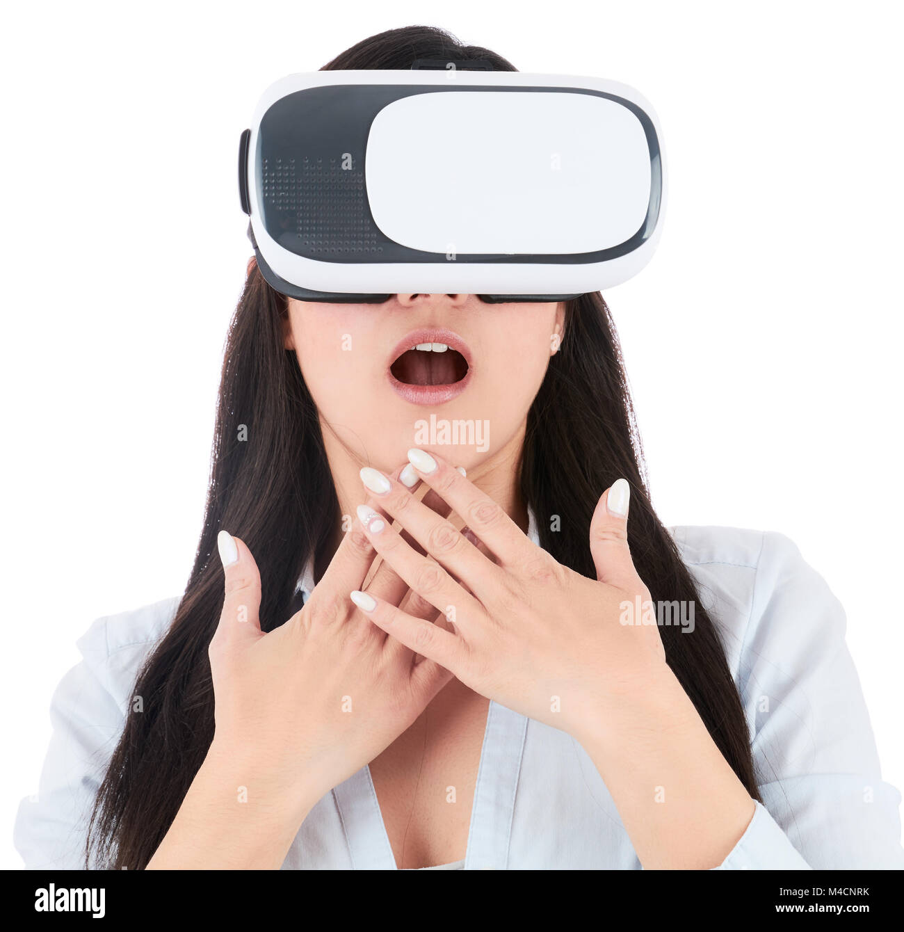 Young woman is using VR headset isolated on white background Stock ...