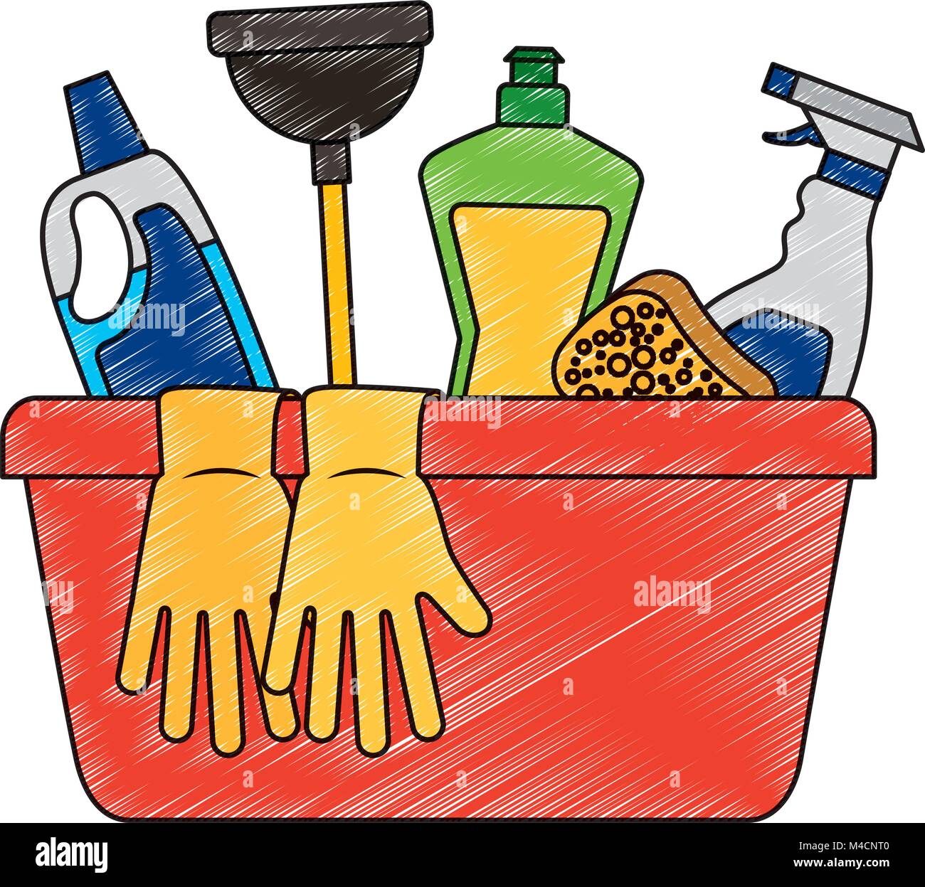 container with cleaning supplies gloves plunger sponge spary bottle and ...
