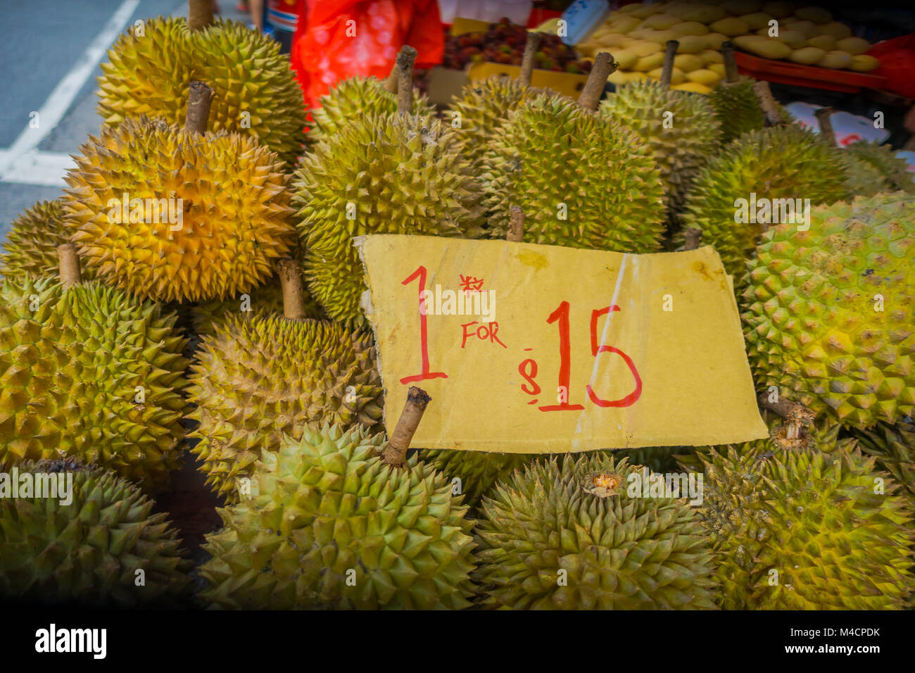 SINGAPORE, SINGAPORE - JANUARY 30. 2018: Close up of durian fruit, the ...
