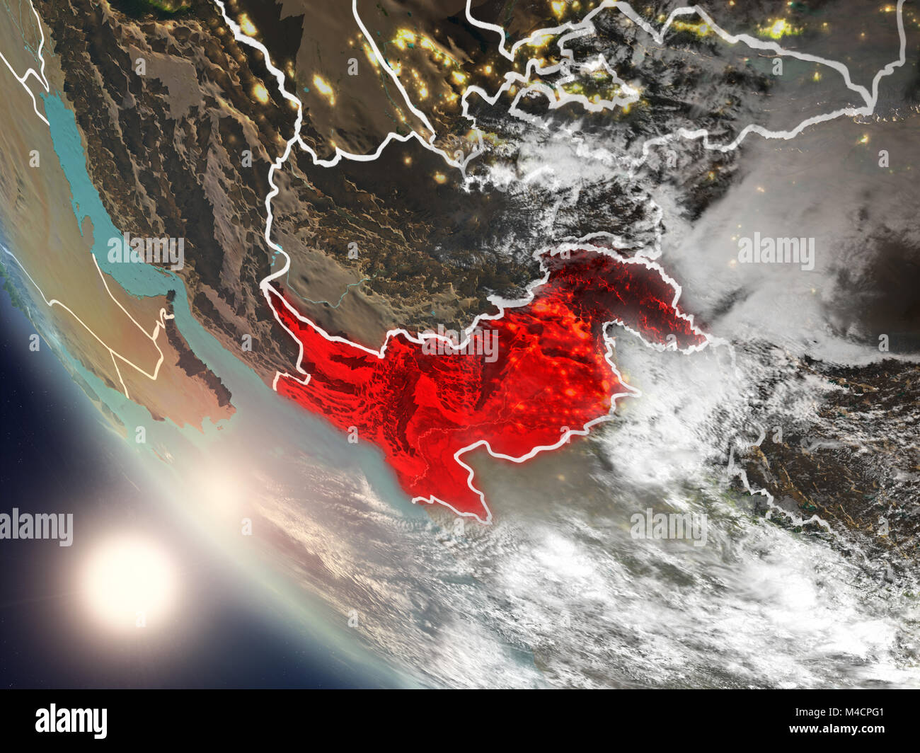 Illustration of Pakistan as seen from Earth’s orbit during sunset with ...