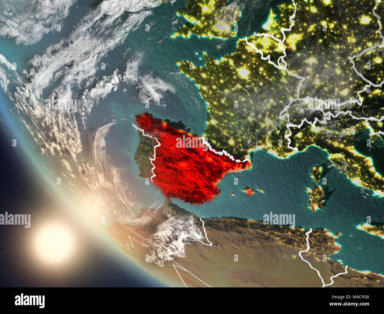 Illustration of Spain as seen from Earth’s orbit during sunset with ...